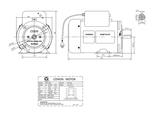 Single Phase NEMA Electric Motor 240V 0.75kW 1HP 1400rpm FRAME 56 1Ph ...