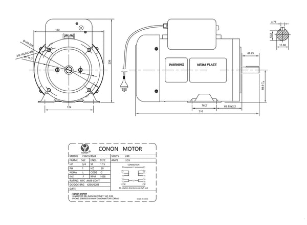 Single Phase NEMA Electric Motor 240V 0.55kW 1400rpm FRAME 56 1Ph CSCR ...