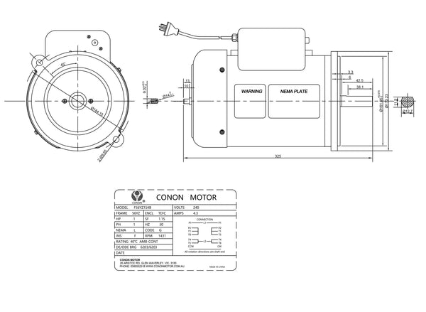 Single Phase NEMA Electric Motor 240V 0.75kW 1HP 1400rpm FRAME 56 1Ph ...