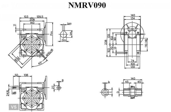 Worm Drive Gearbox NMRV090 100:1 ratio B5 Flange 24mm input shaft Spee ...